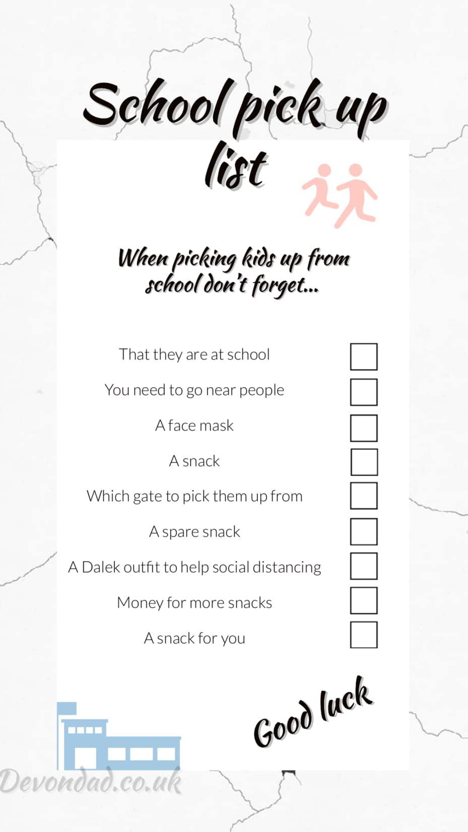 Getting the kids from school, a checklist - Devon Dad Adventures